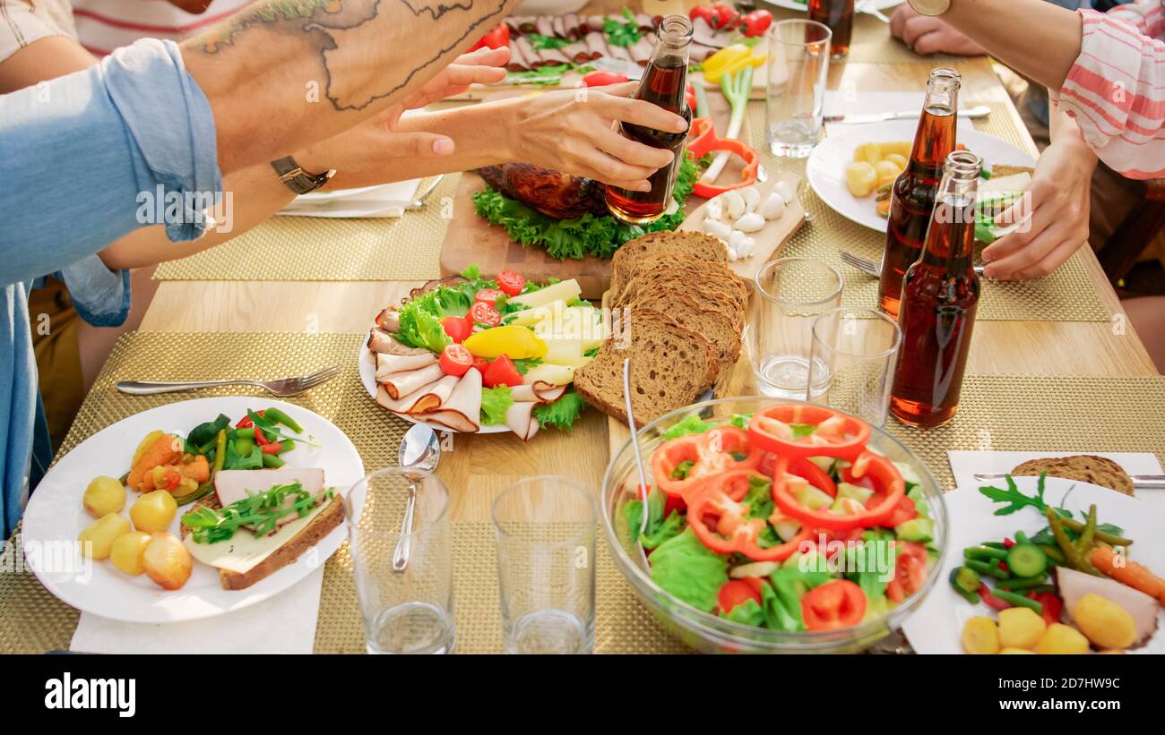 Top Down Shot of a Table: Big Family Garden Party Celebration, People ...