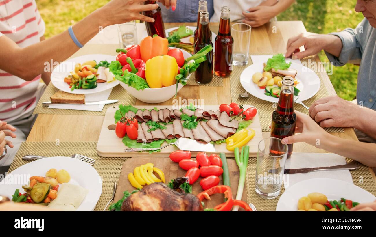 Top Down Shot of a Table: Big Family Garden Party Celebration, People ...