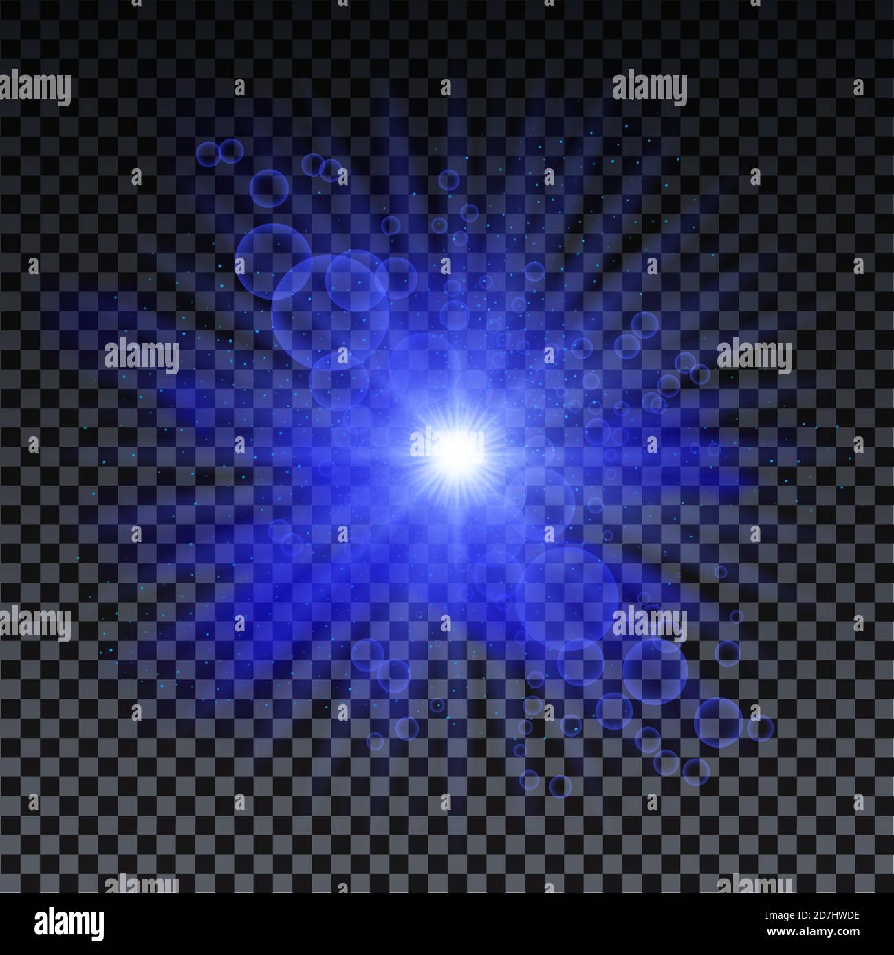 Blue burst on transparent background with sparkles and bokeh. Blue star ...