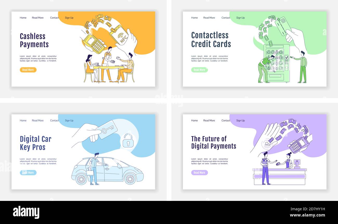 Cashless payments landing page flat silhouette vector templates set ...