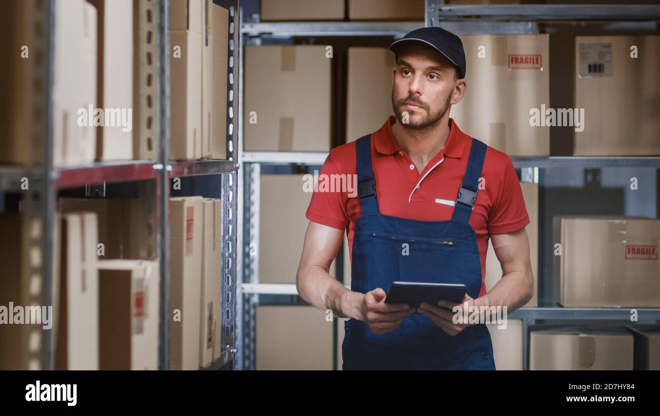Warehouse Worker Uses Digital Tablet For Checking Stock, On the Shelves ...