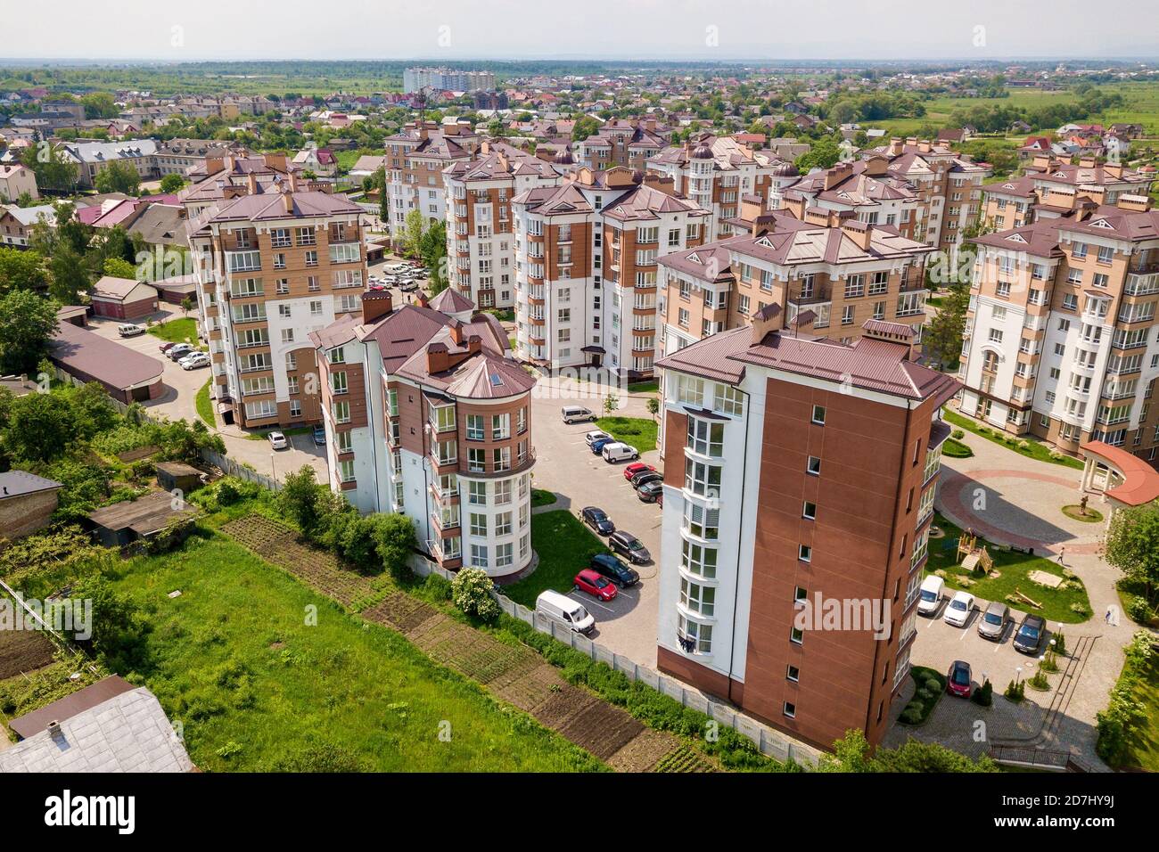 Top view of urban developing city landscape with tall apartment ...