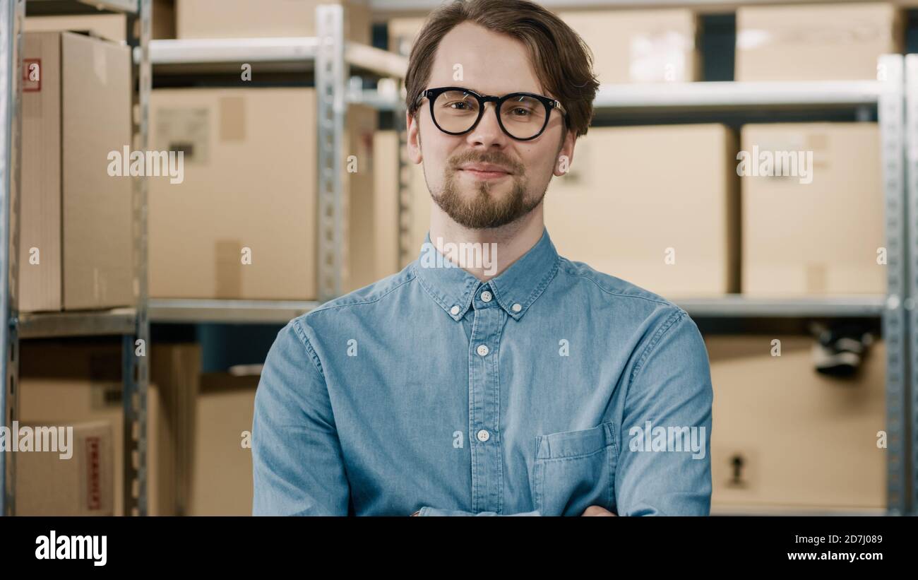 Portrait of the Handsome Warehouse Inventory Manager Standing with ...