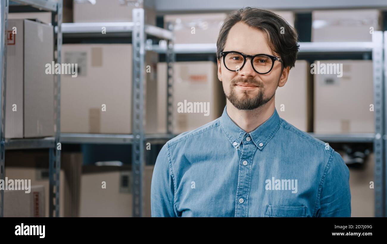 Portrait of the Handsome Warehouse Inventory Manager Standing and ...
