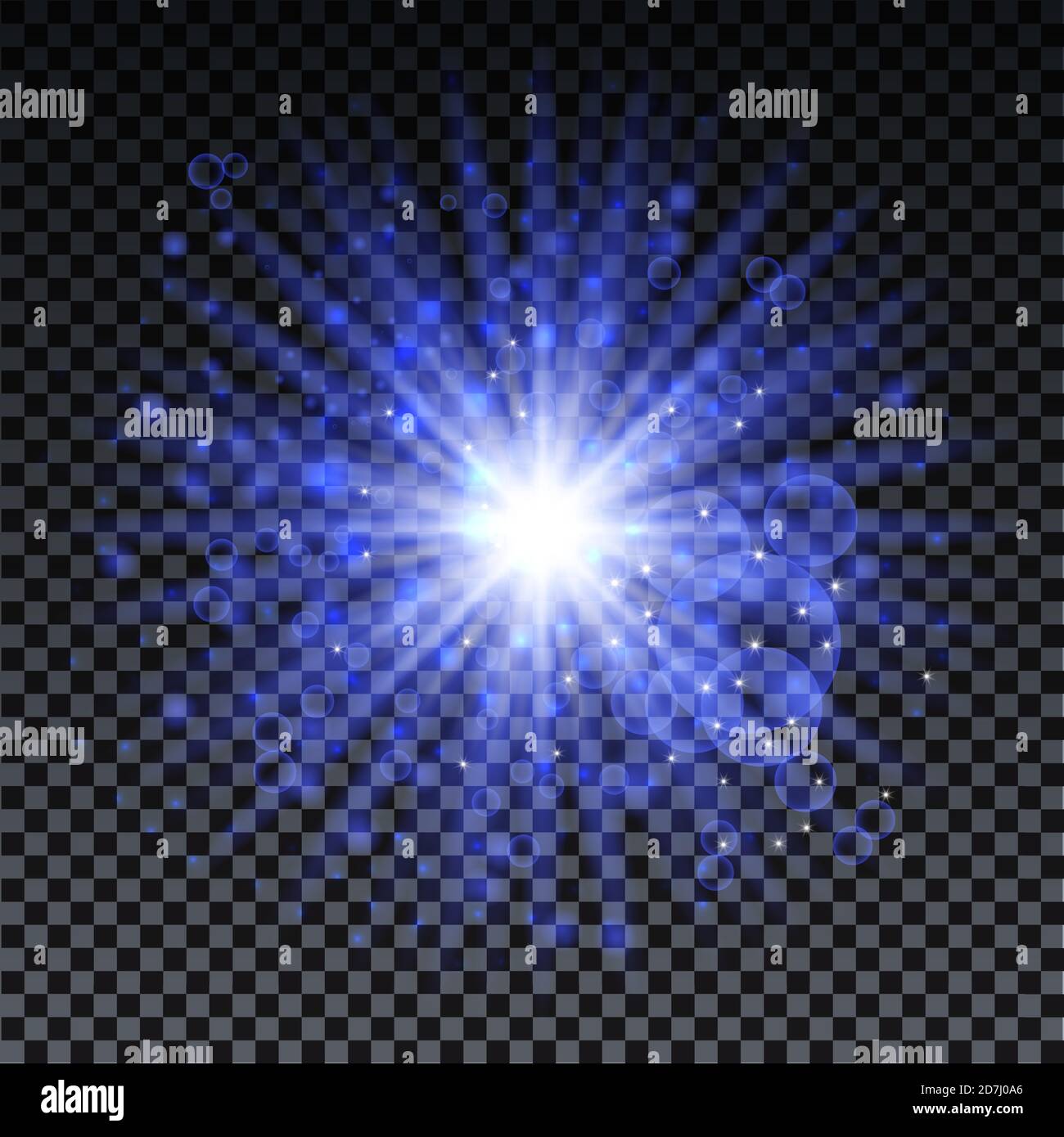 Blue burst on transparent background with sparkles and bokeh. Blue star ...