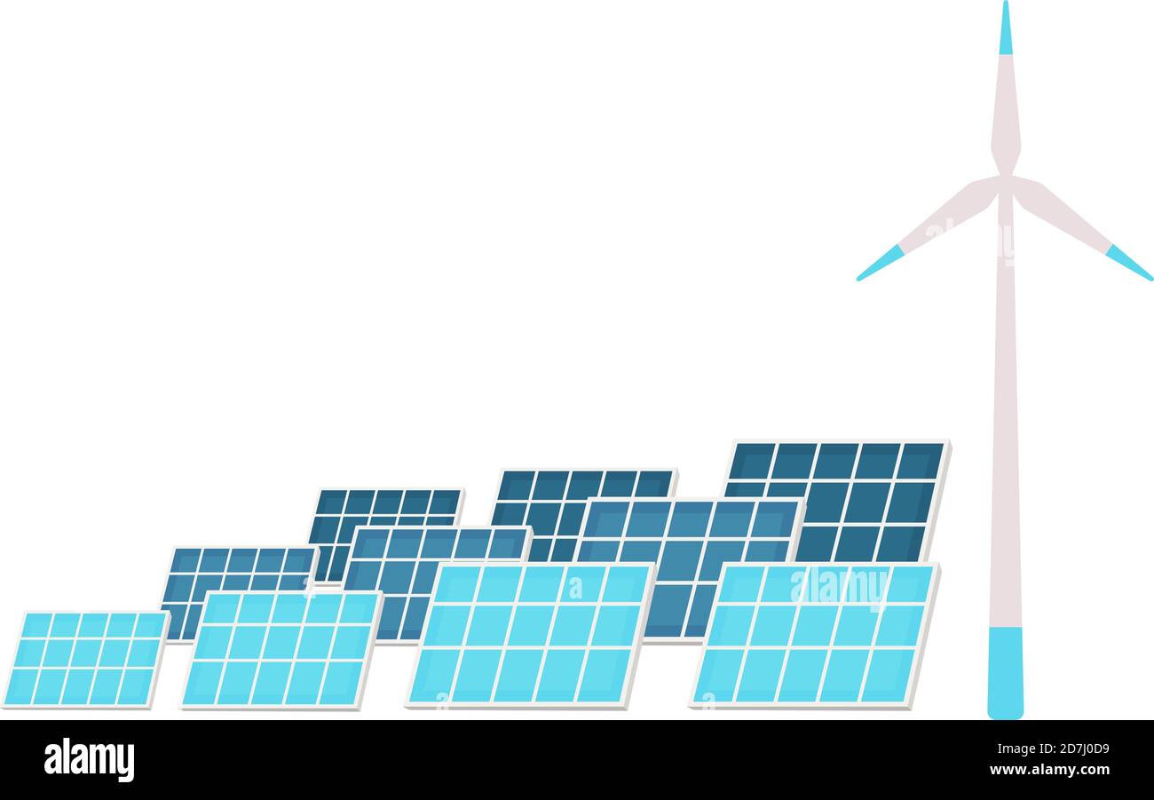 Solar panels and wind turbine flat color vector objects set Stock ...