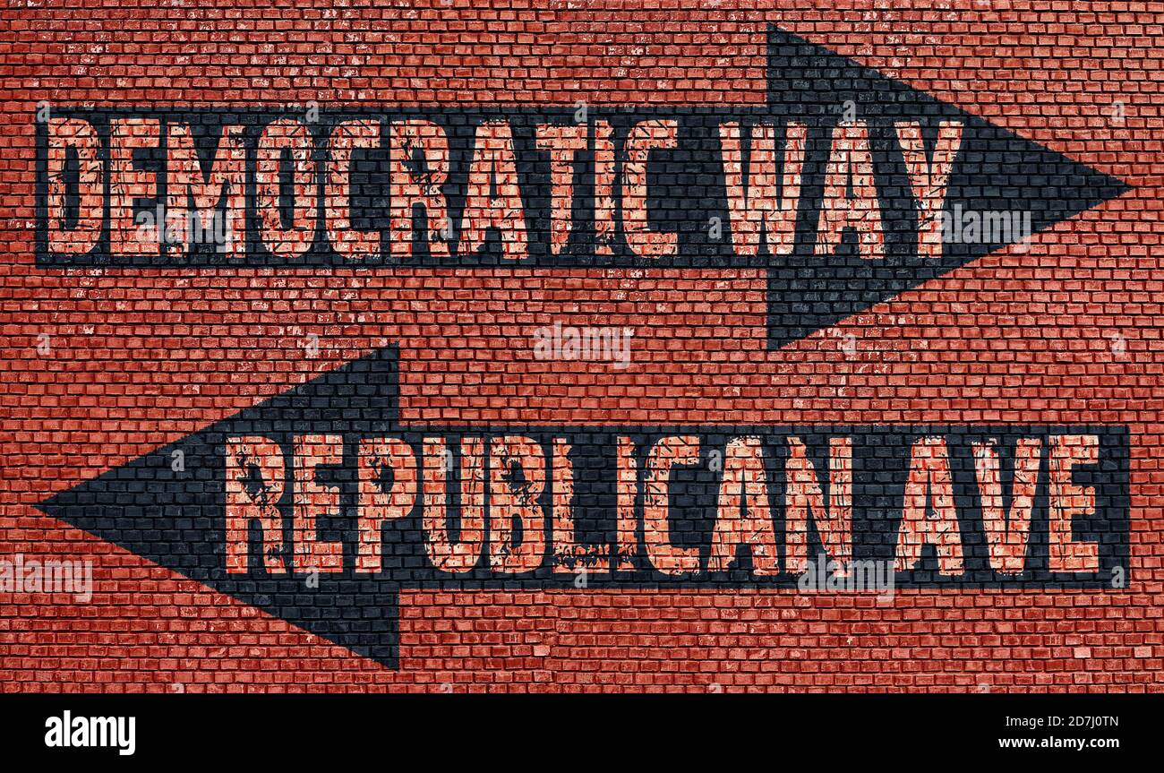 Election choice conceptual post with democratic way and republican ave ...
