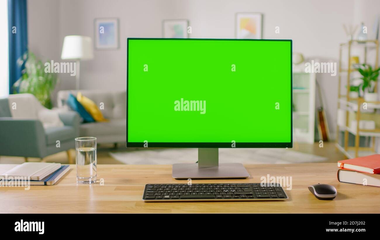 Personal Computer with Mock-up Green Screen Display Standing on the ...
