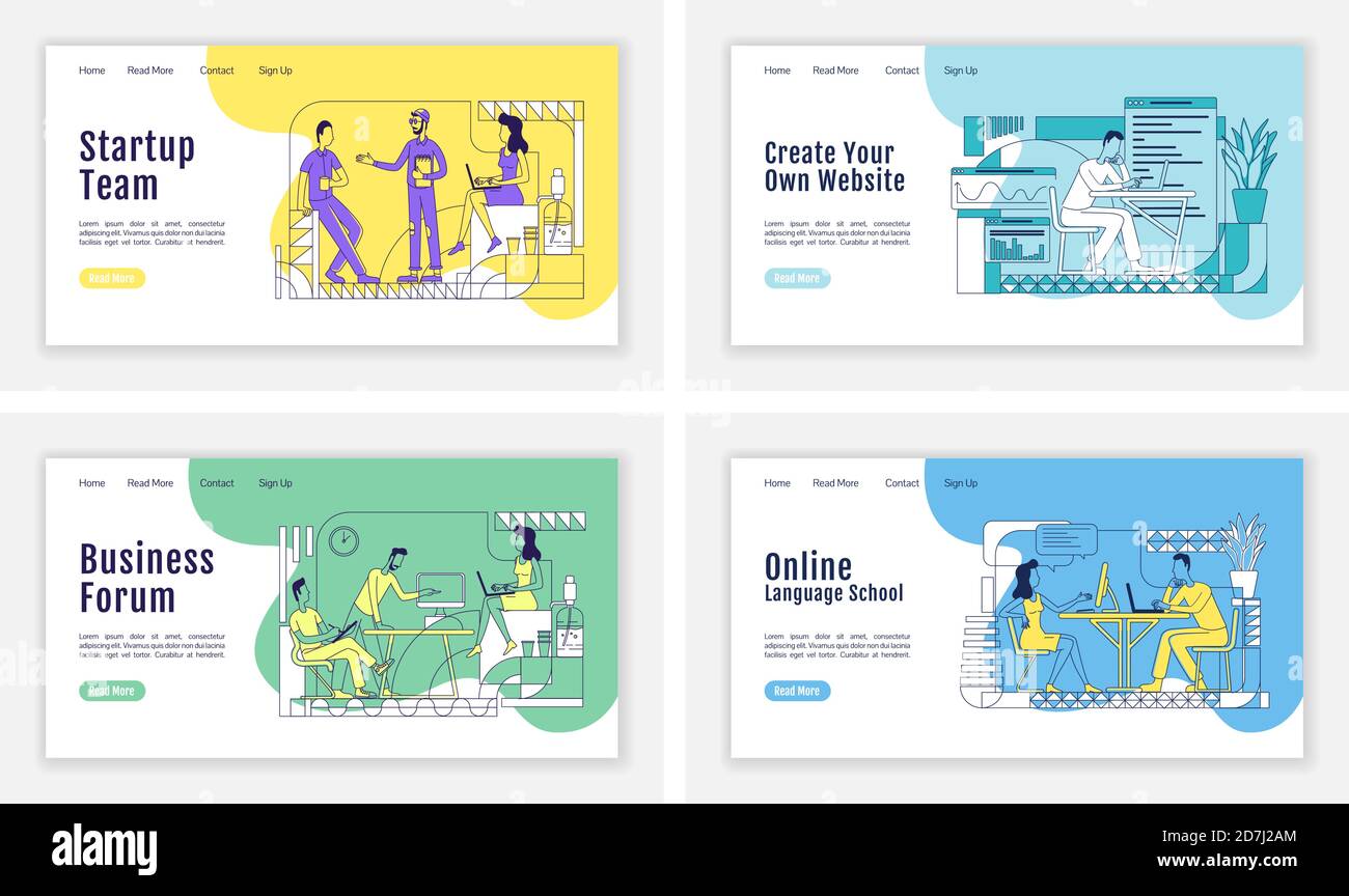 Business coworking landing page flat silhouette vector templates set ...