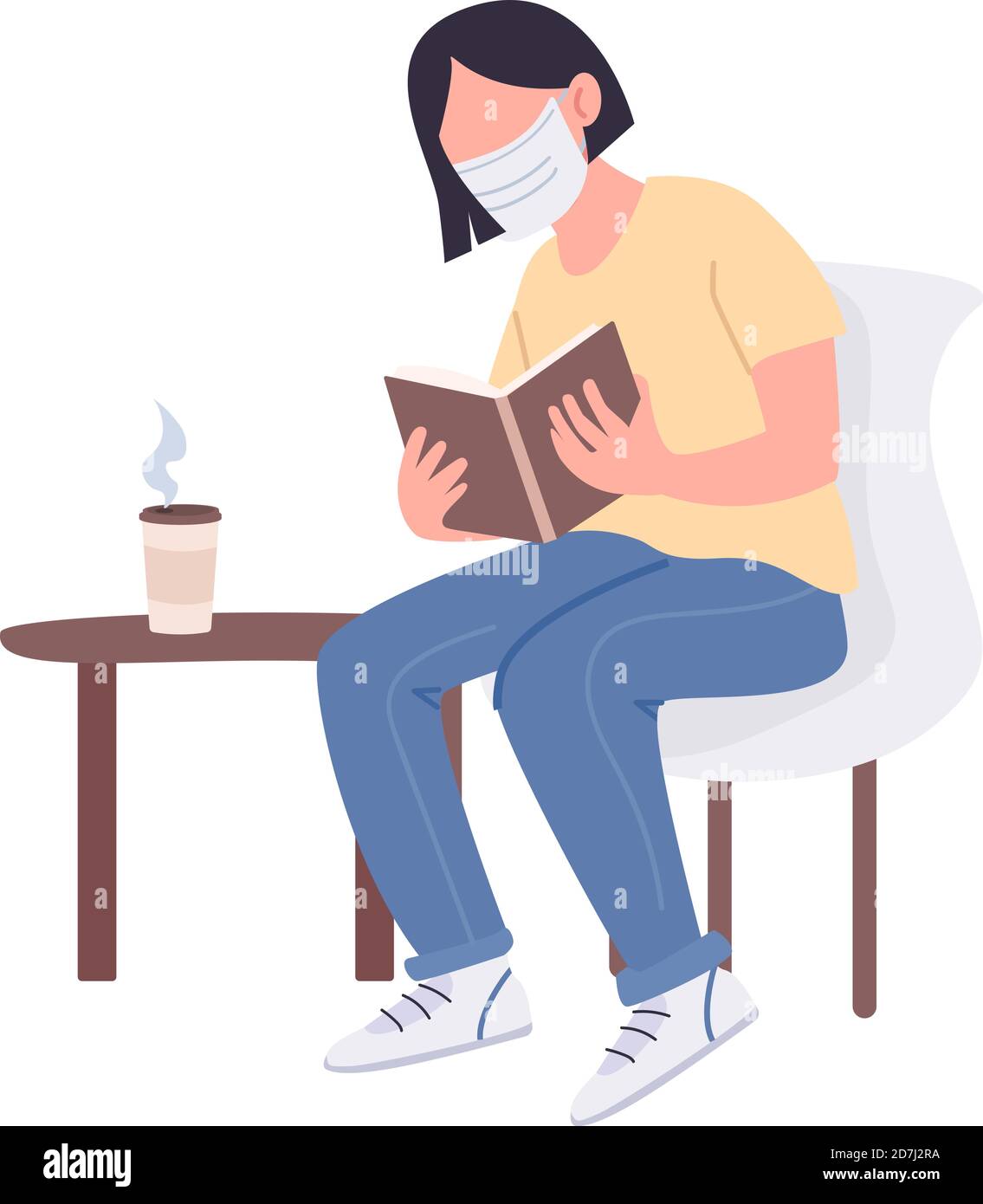 Girl in medical mask reading book flat color vector faceless character ...