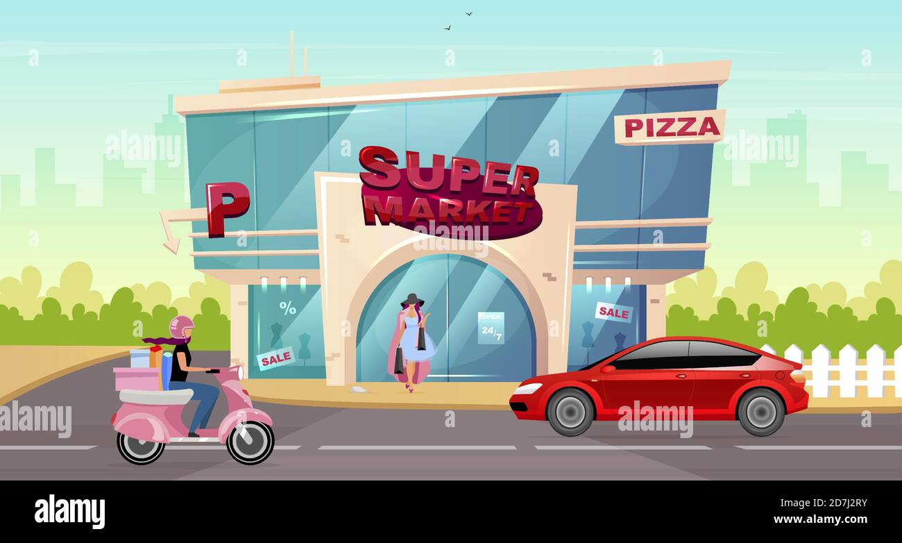 Supermarket entrance in city center flat color vector illustration ...