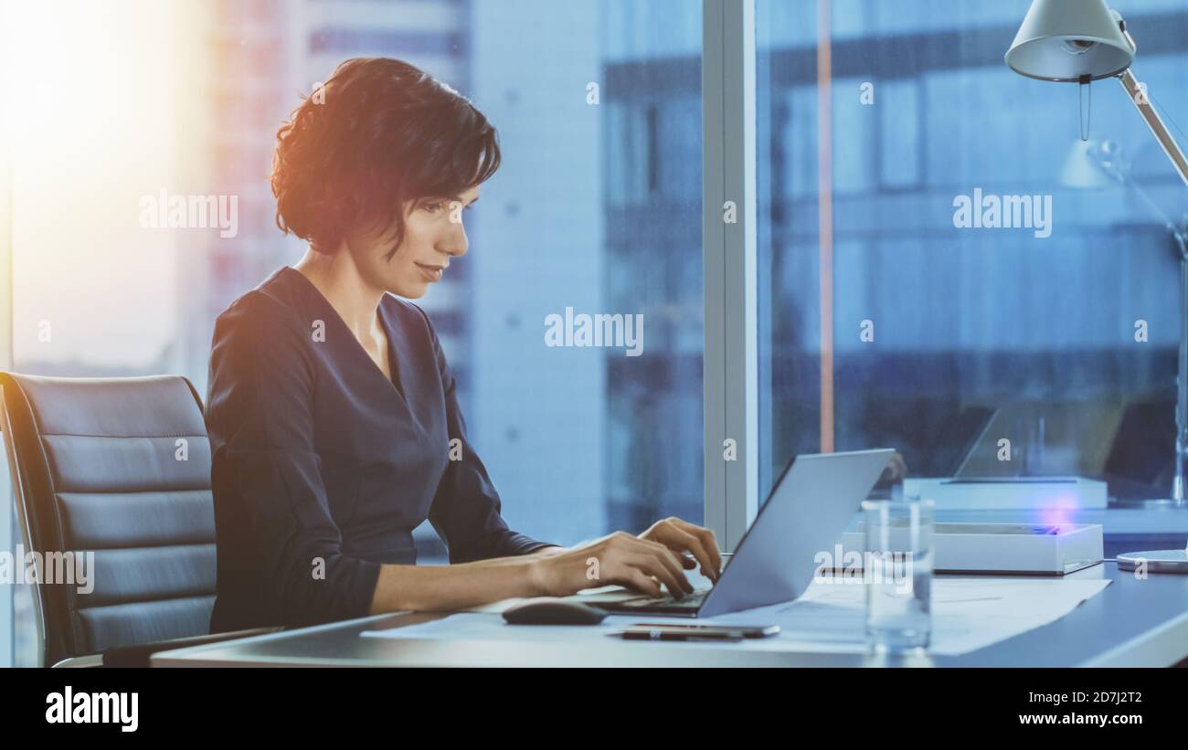 Side View Portrait of the Beautiful Businesswoman Working on a Laptop ...
