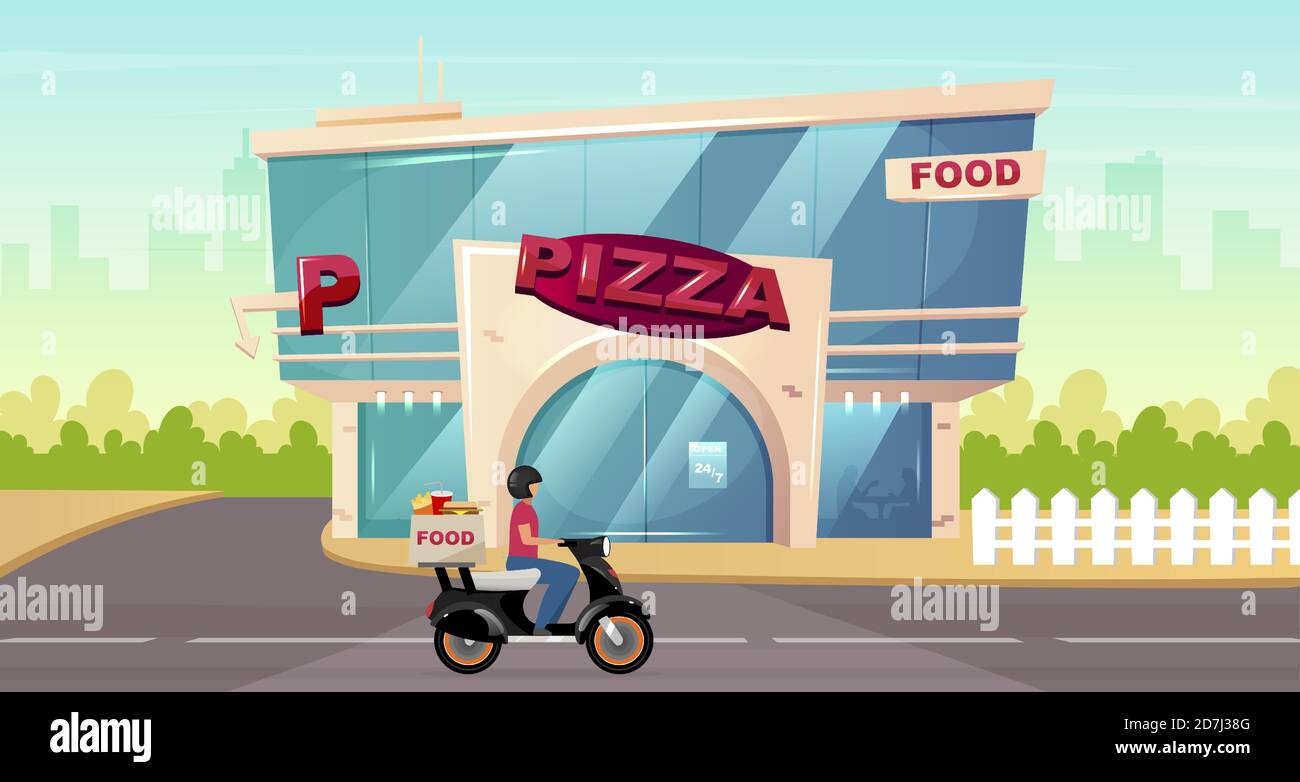 Pizza place on street flat color vector illustration Stock Vector Image ...