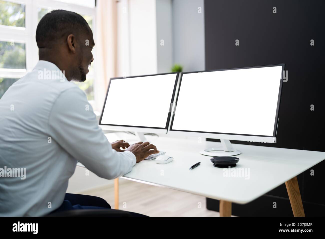 African Manager Working On Corporate Computer With Blank Screen Stock ...