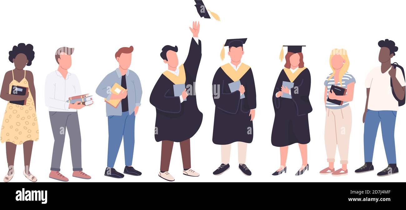 College graduates and freshman students flat color vector faceless ...