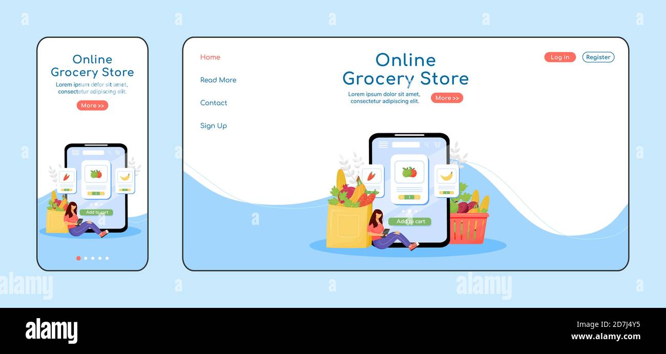 Online grocery store adaptive landing page flat color vector template ...
