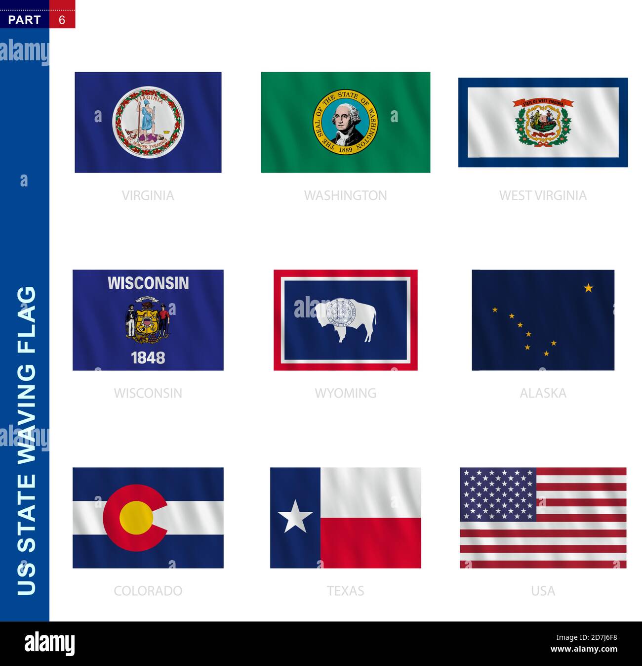 US states waving flag collection in official proportion, 9 vector flags ...