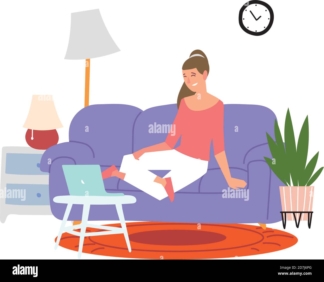 woman sitting on sofa with laptop in the living room, indoor activities ...