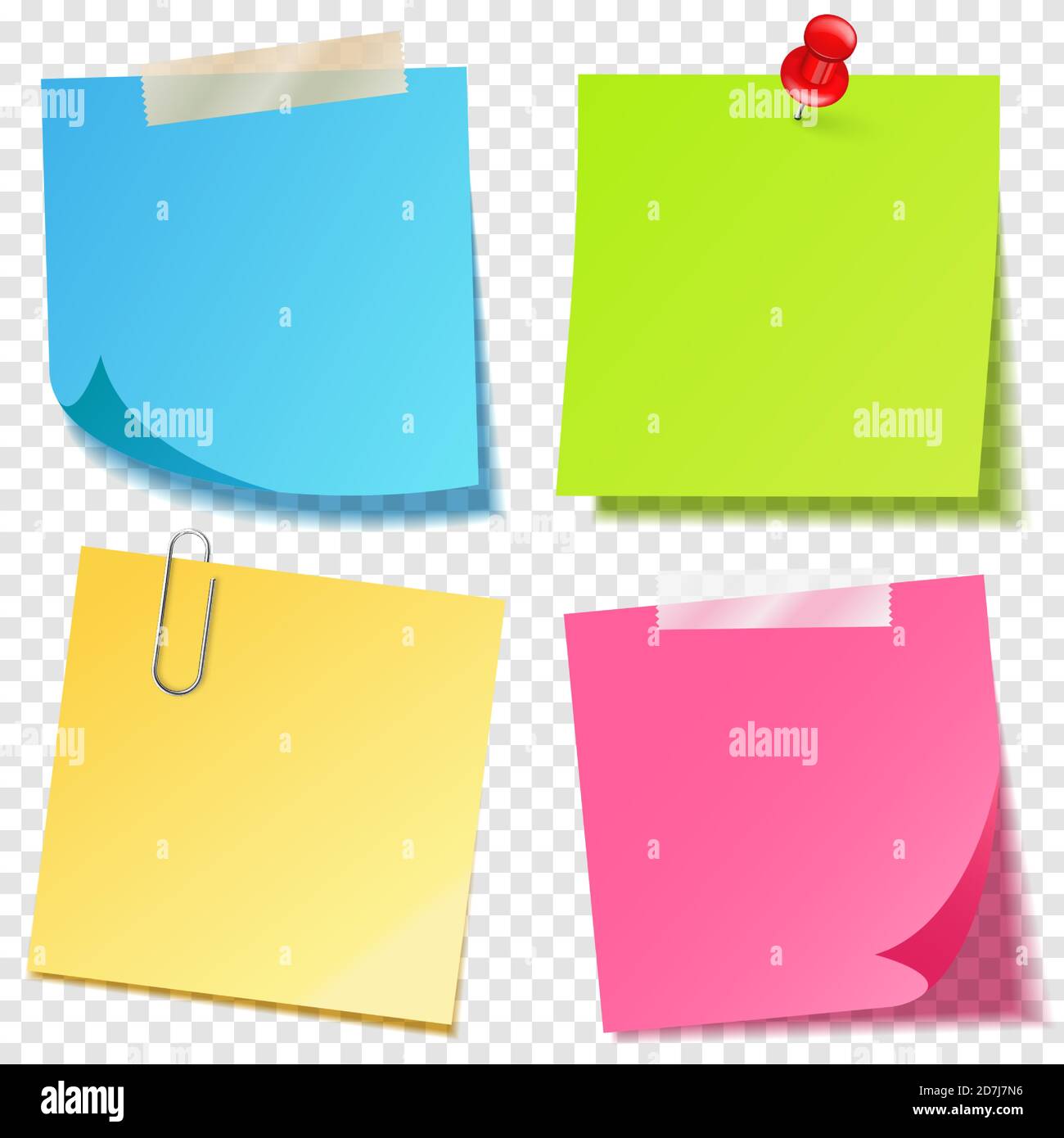Realistic colorful blank sticky notes with clip binder. Colored sheets ...