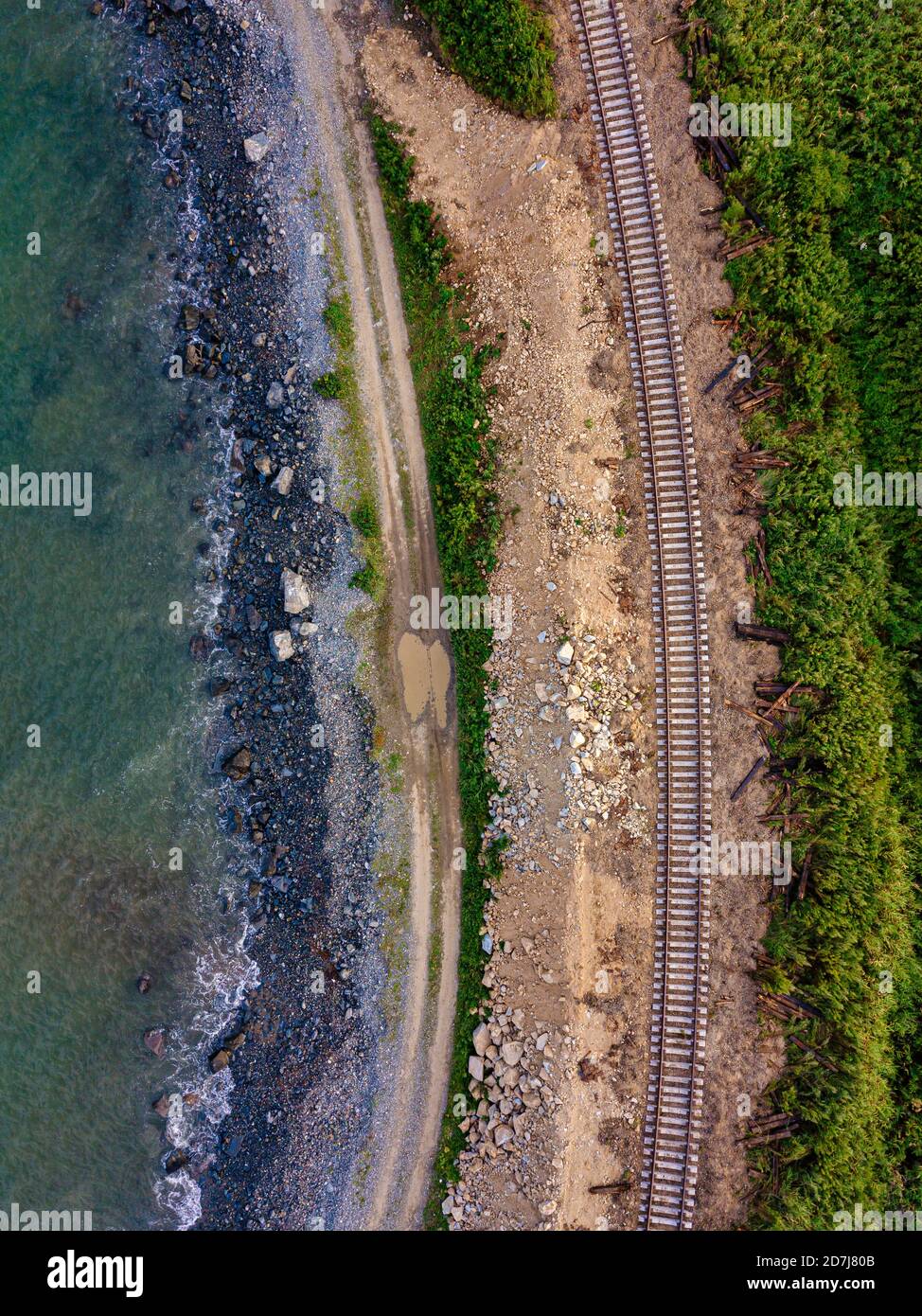 Aerial view of empty railroad tracks stretching along coast Stock Photo ...