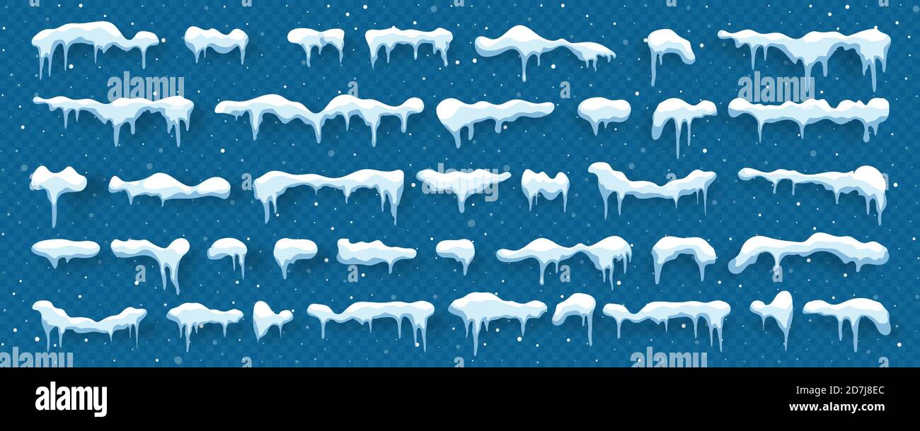 Snow, ice caps isolated on blue transparent background. Snowfall with ...