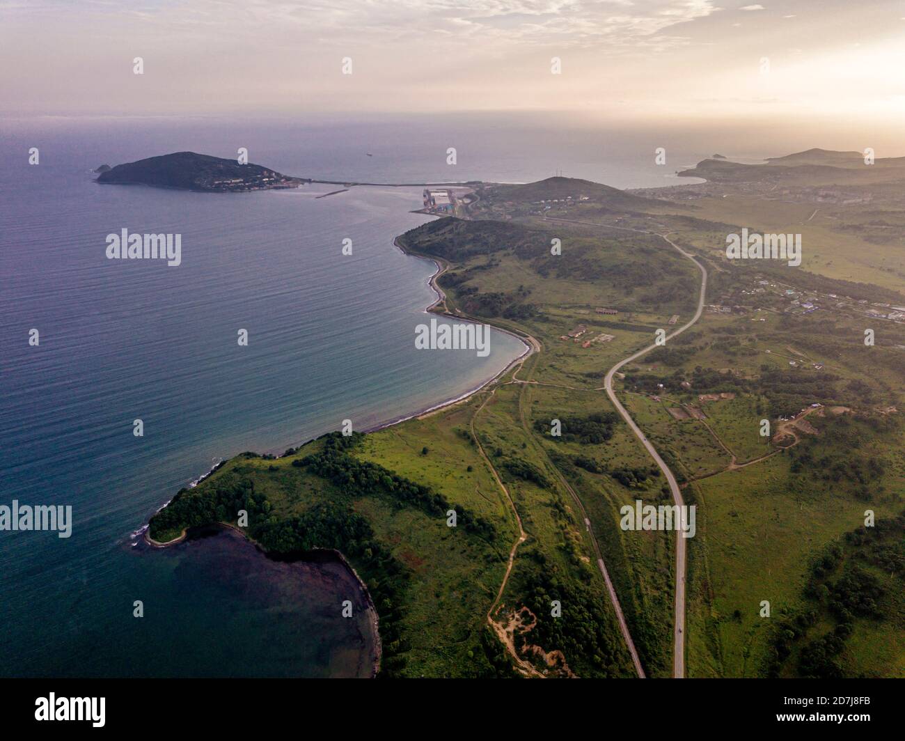 Russia, Primorsky Krai, Zarubino, Aerial view of coastal roads ...