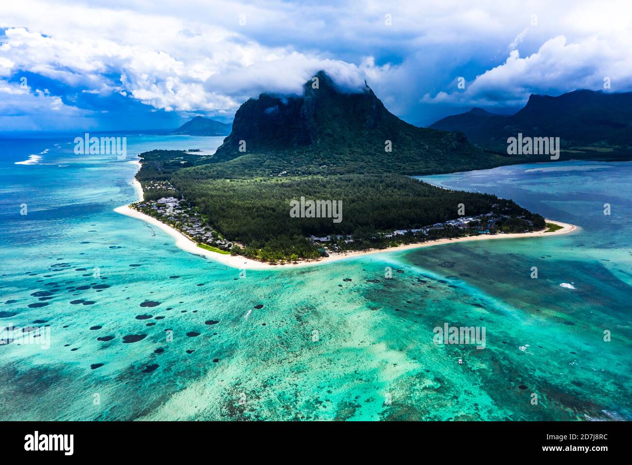 Mauritius, Helicopter view of Le Morne Brabant peninsula in summer ...