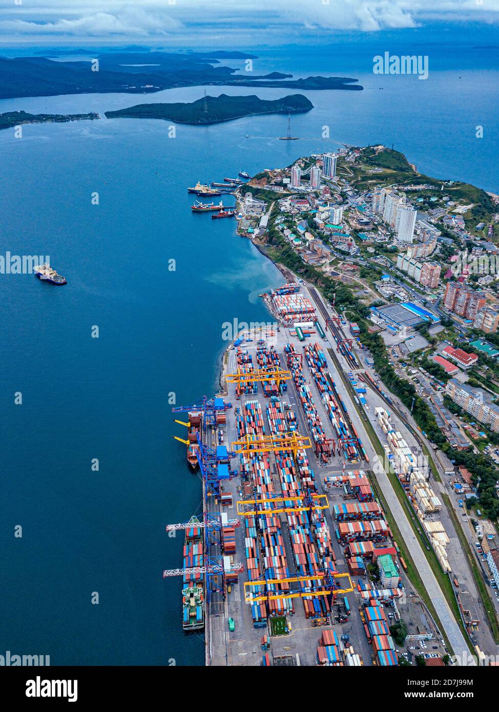 Russia, Primorsky Krai, Vladivostok, Aerial view of commercial dock on ...
