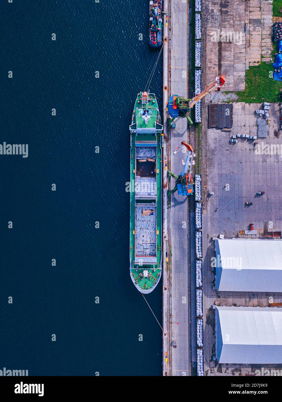 Russia, Primorsky Krai, Zarubino, Aerial view of container ship moored ...