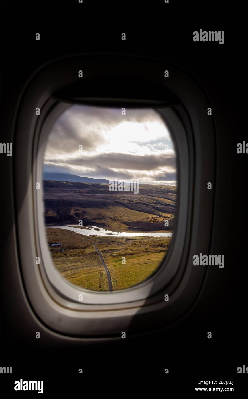 View from the window of the aircraft on the landscape of Iceland Stock ...