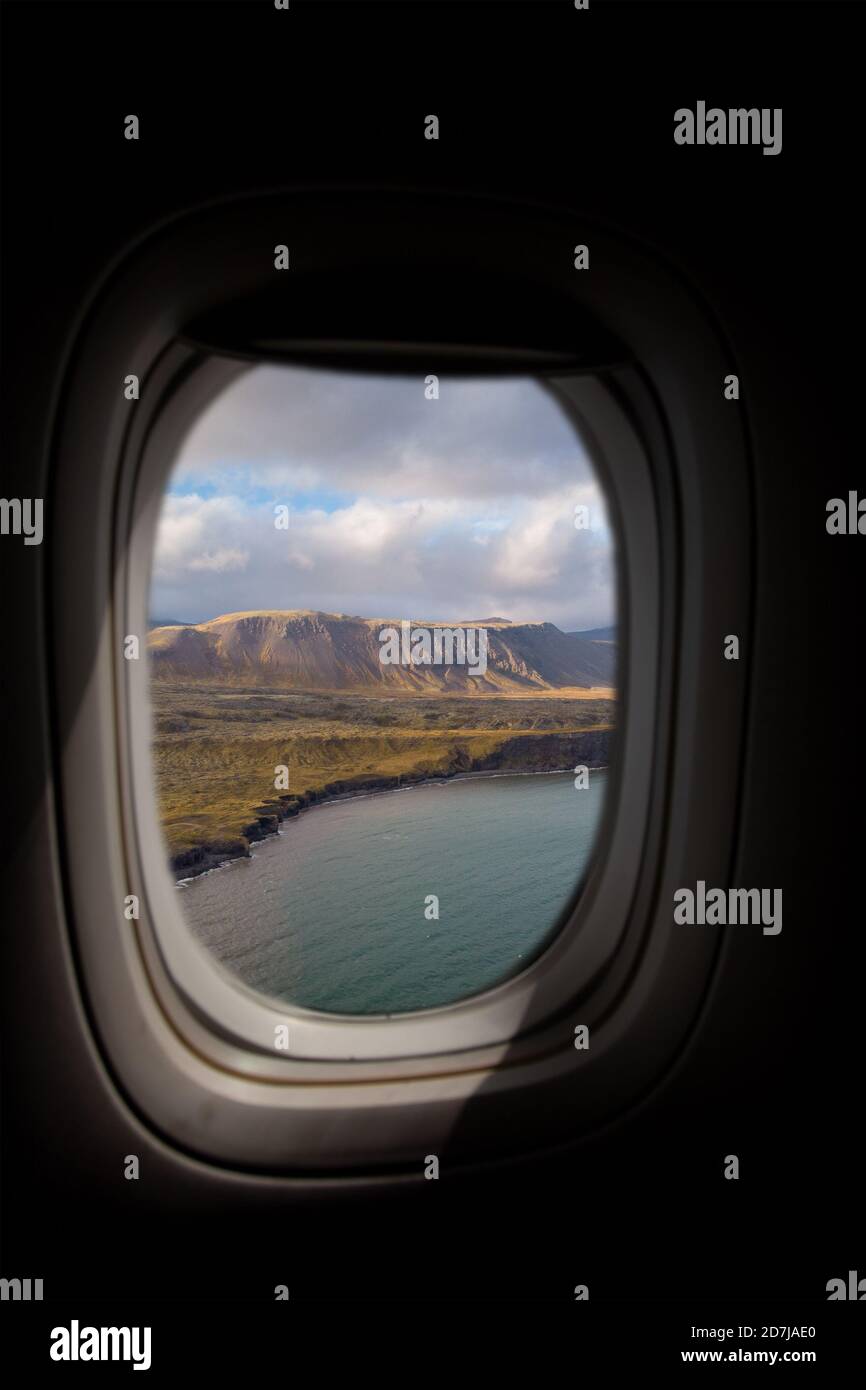 View from the window of the aircraft on the landscape of Iceland Stock ...