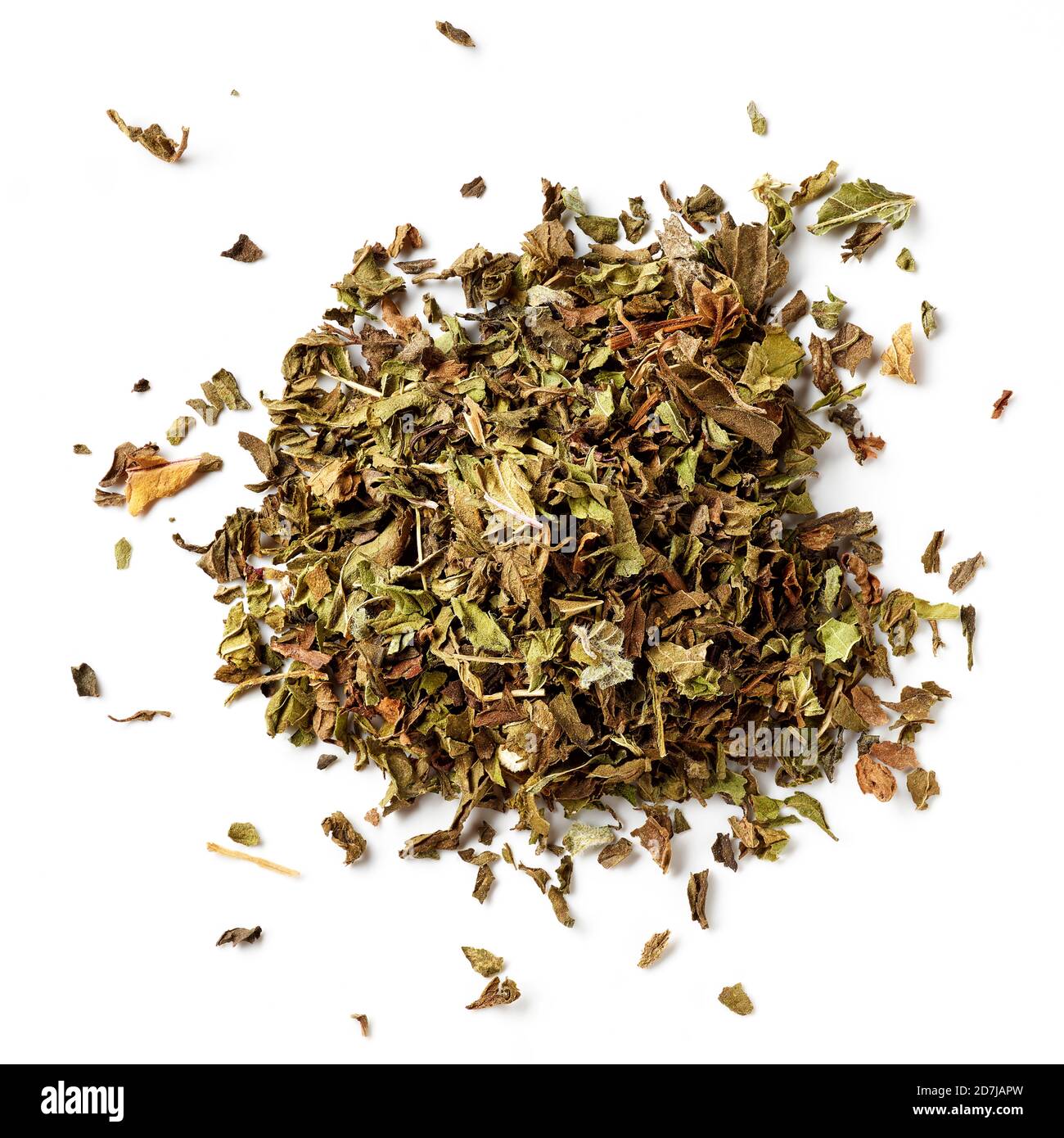 Heap of dried peppermint tea isolated on white background; top view ...