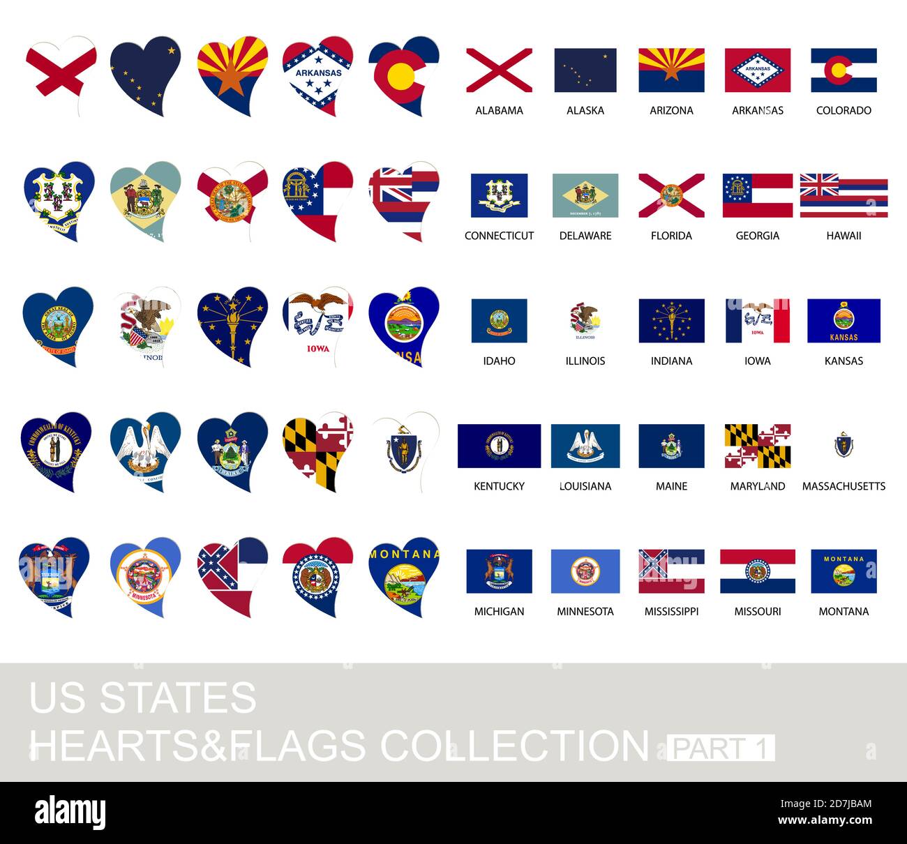 US states set, hearts and flags, 2 version, part 1 Stock Vector Image ...