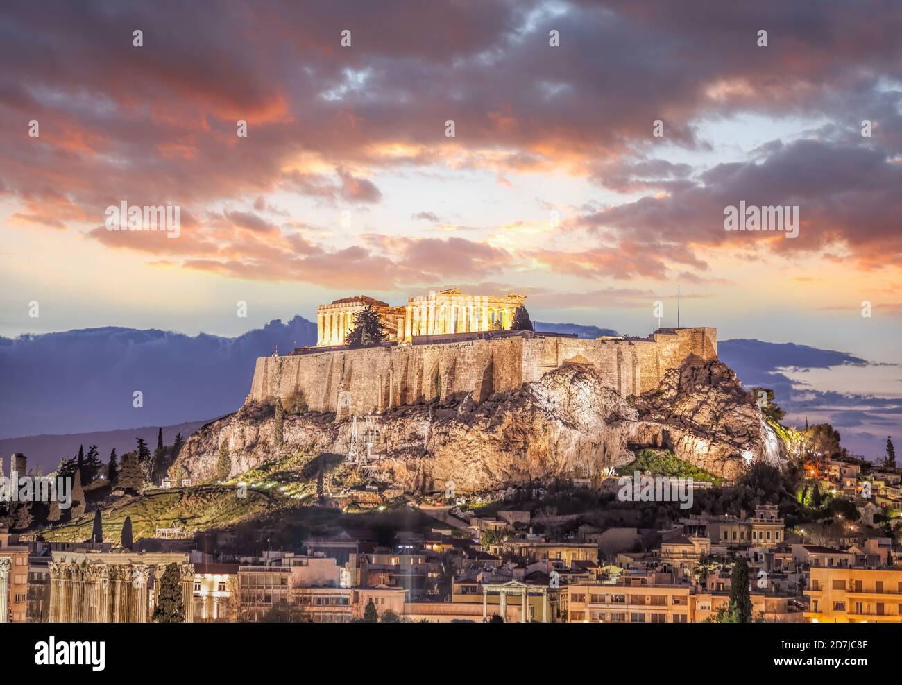Acropolis with Parthenon temple against sunset in Athens, Greece Stock ...