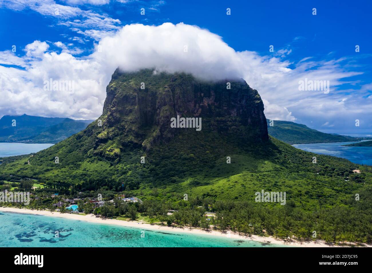 Mauritius, Helicopter view of Le Morne Brabant peninsula in summer ...