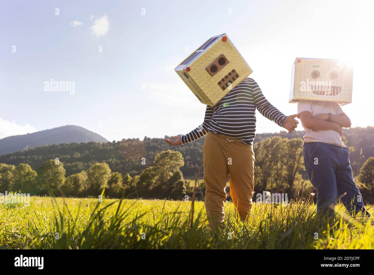 Boys enjoying while playing with robot cardboard box in meadow Stock ...