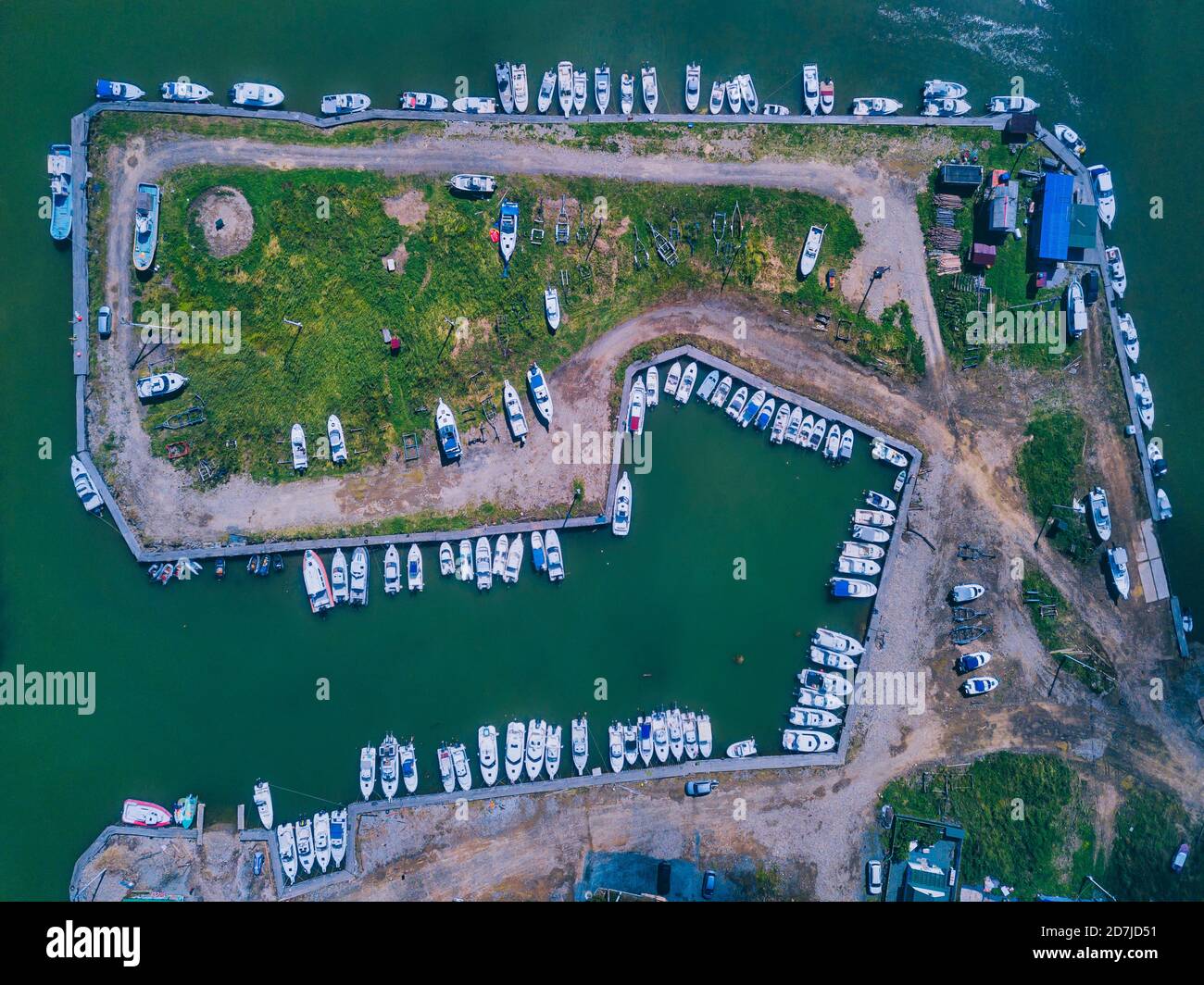 Russia, Primorsky Krai, Nakhodka, Aerial view of motorboats moored in ...