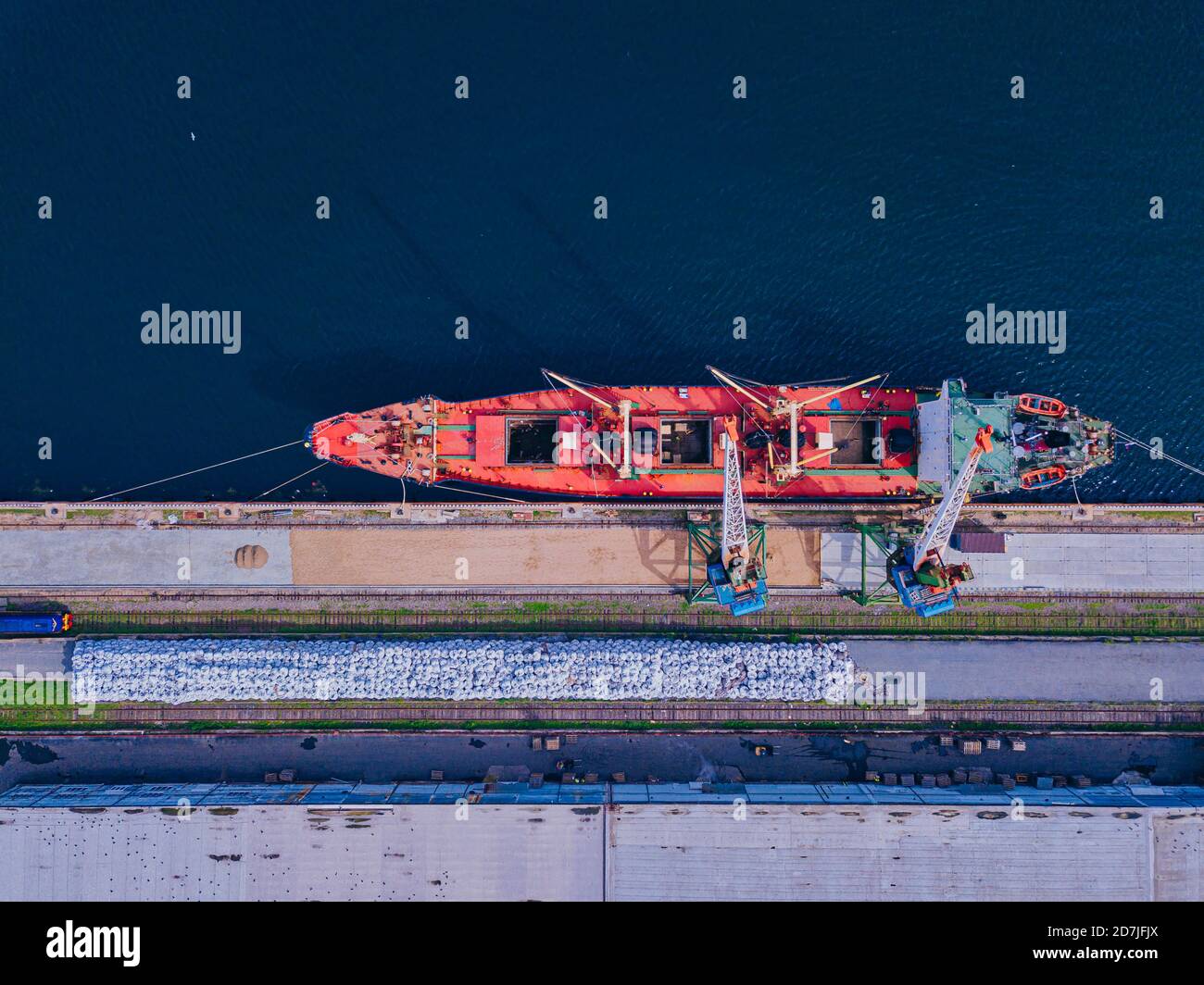 Russia, Primorsky Krai, Zarubino, Aerial view of container ship moored ...