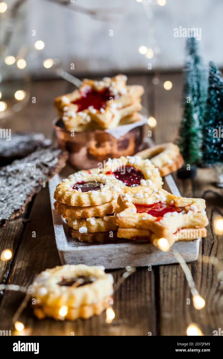 Christmas lights and freshly baked jam cookies Stock Photo - Alamy