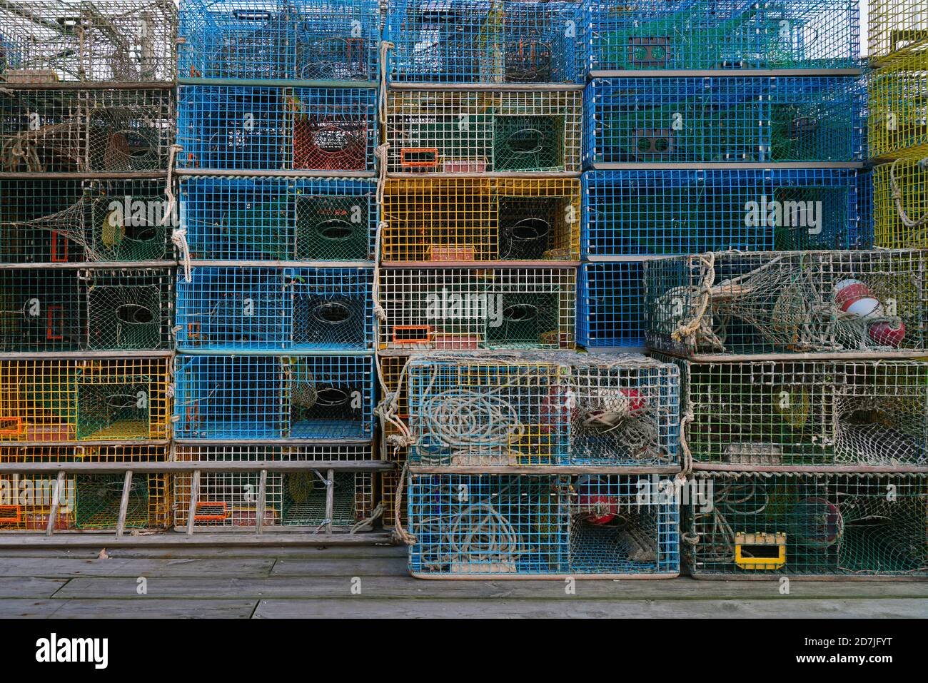 View of stacks of lobster traps in Maine, United States Stock Photo - Alamy