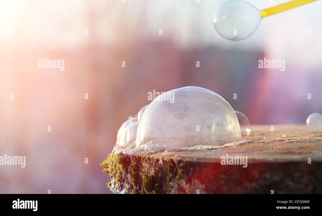 Soap bubbles freeze in the cold. Winter soapy water freezes in the air ...