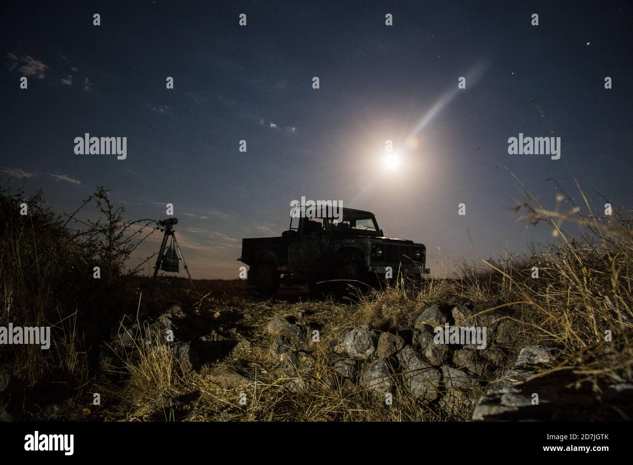 A truck, a telescope and the night sky full moon, Fasli, Paphos Cyprus ...
