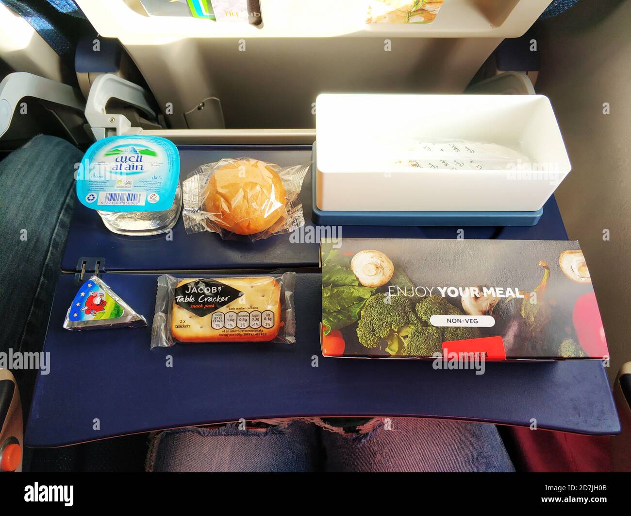 A set of lunch dishes for a flydubai passenger. Food on the plane Stock ...