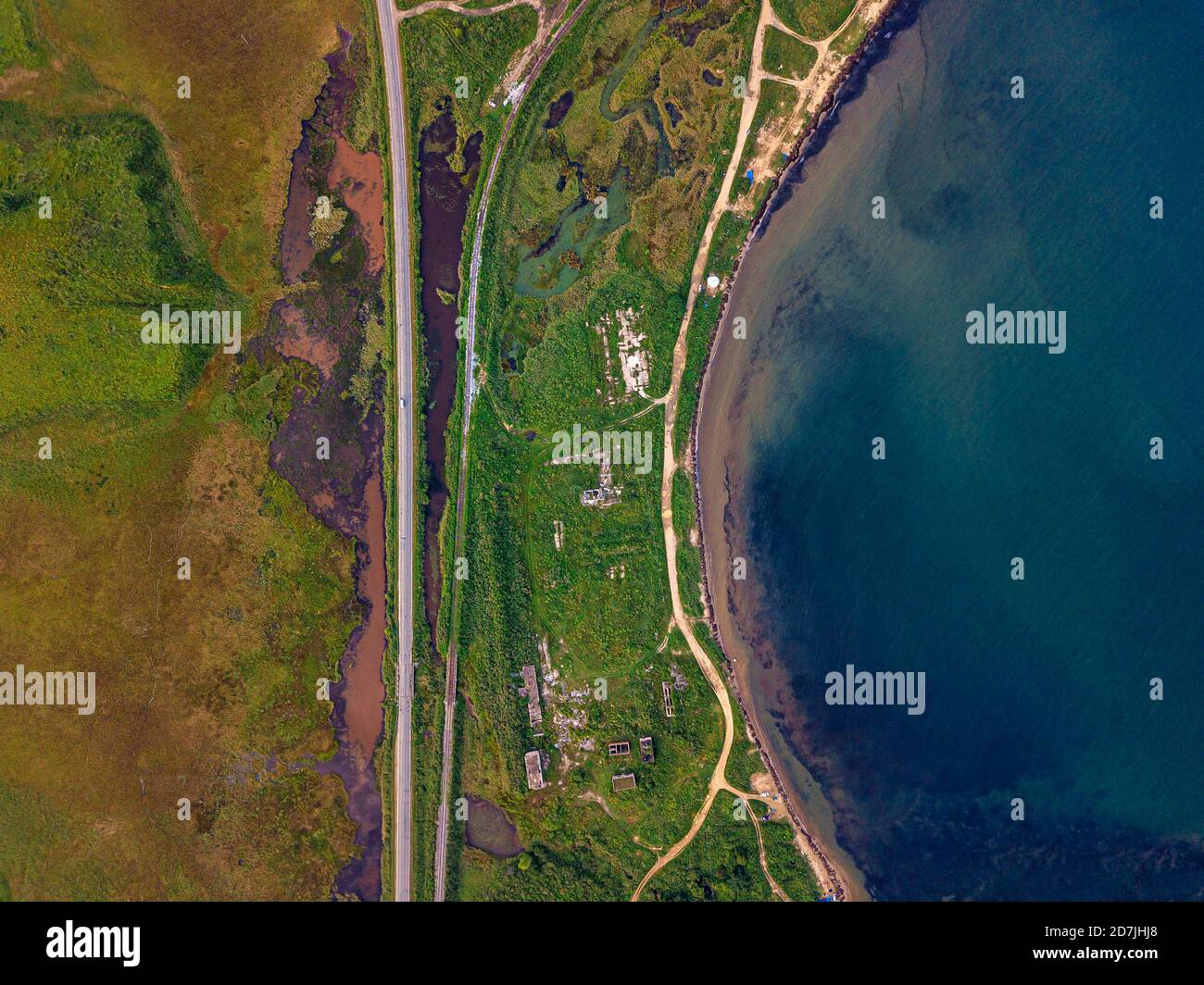 Russia, Primorsky Krai, Zarubino, Aerial view of coastal roads ...