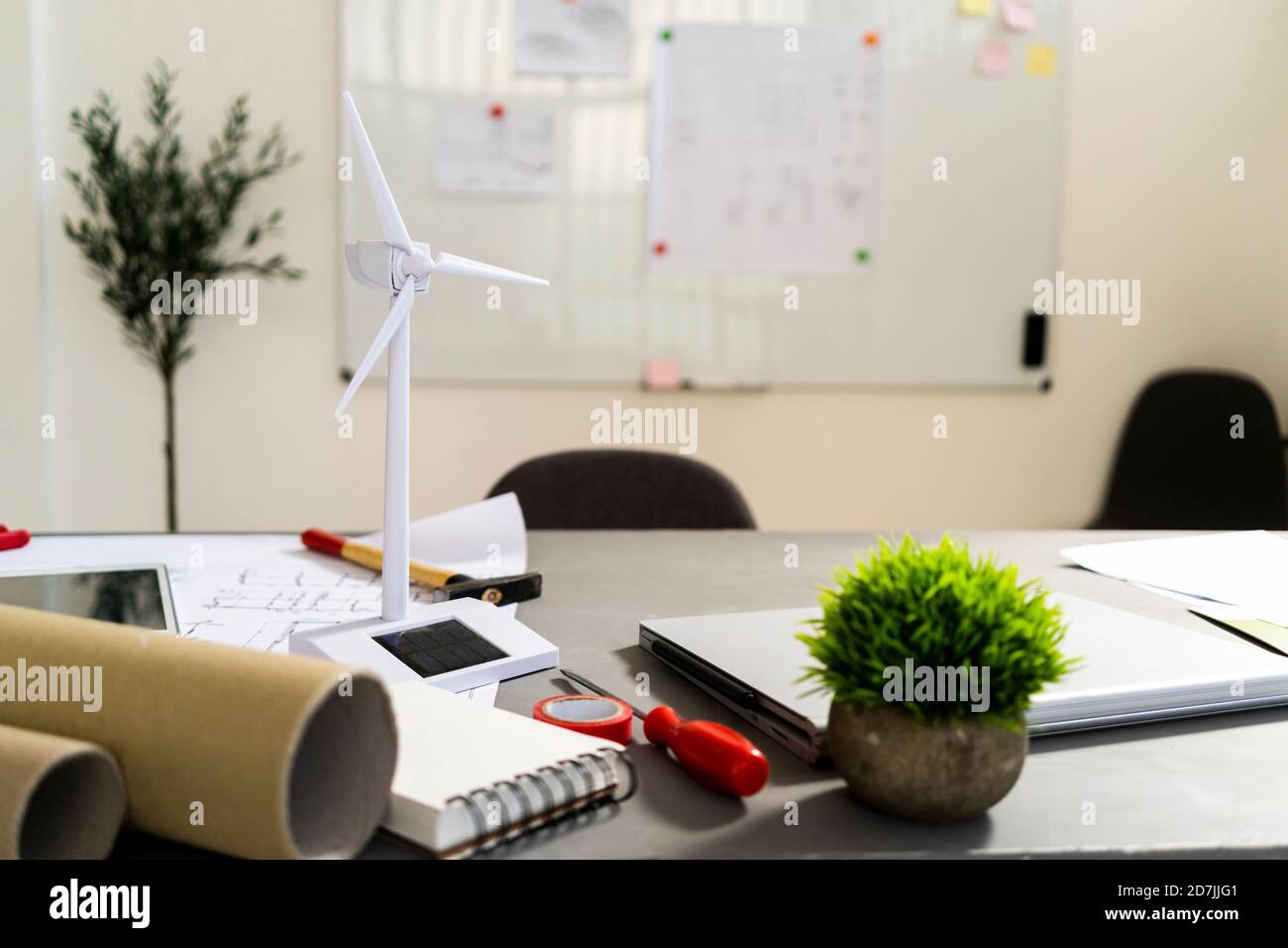 Wind turbine shaped electric fan standing on office desk Stock Photo ...