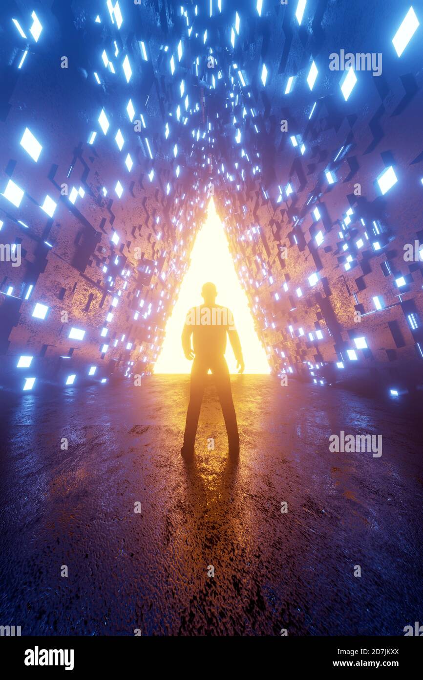 Three dimensional render of person standing in front of triangle shaped ...