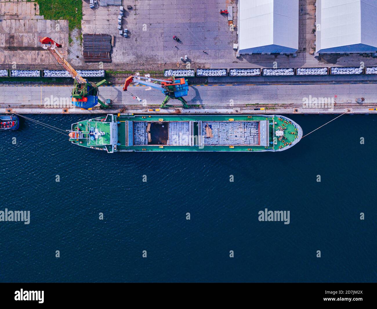 Russia, Primorsky Krai, Zarubino, Aerial view of container ship moored ...