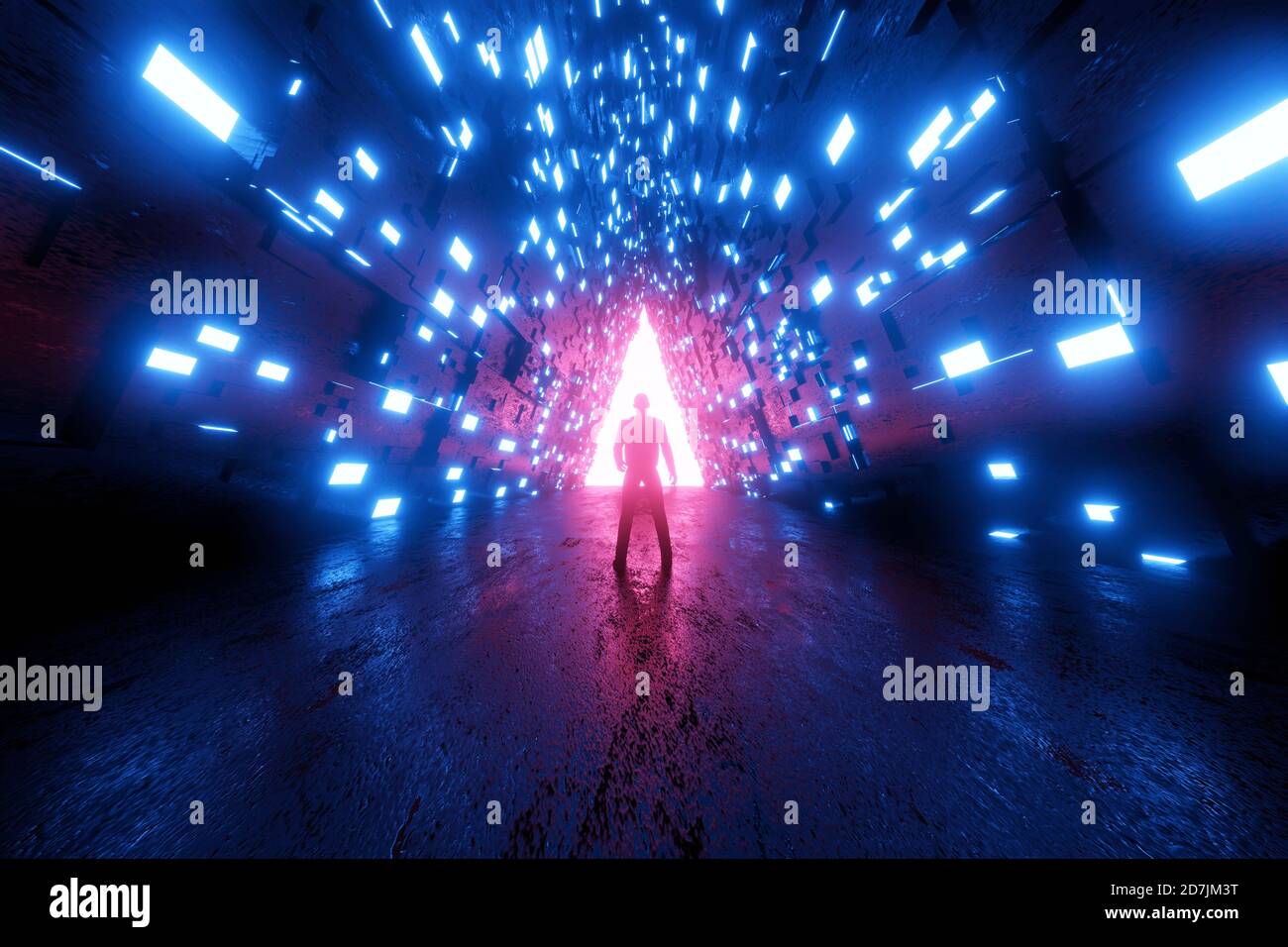 Three dimensional render of person standing in front of triangle shaped ...