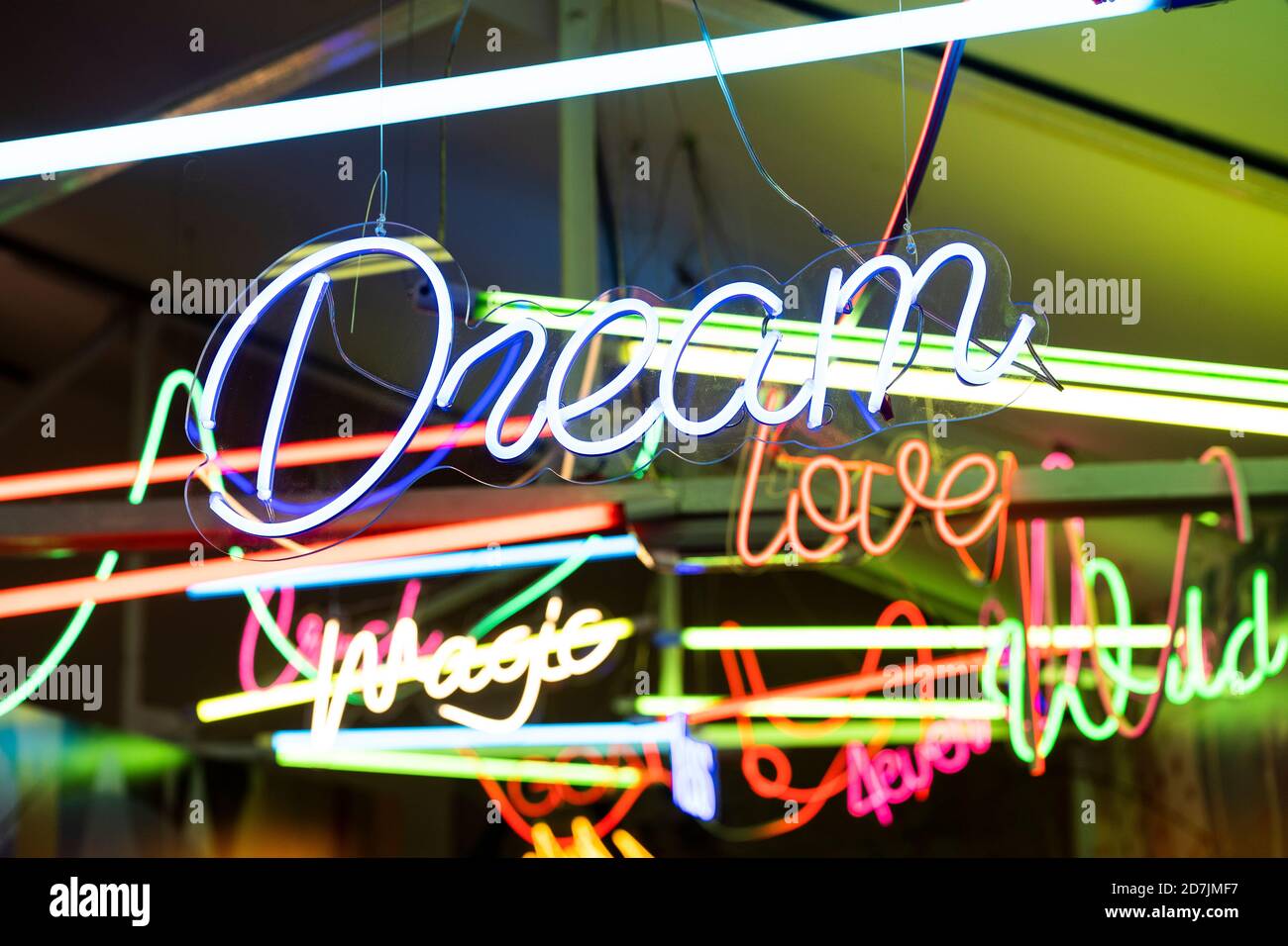 Colorful neon signs glowing indoors Stock Photo - Alamy