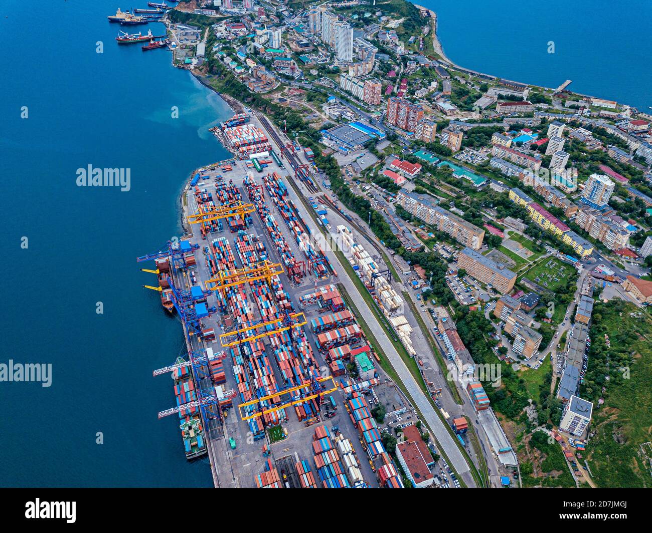 Russia, Primorsky Krai, Vladivostok, Aerial view of commercial dock on ...